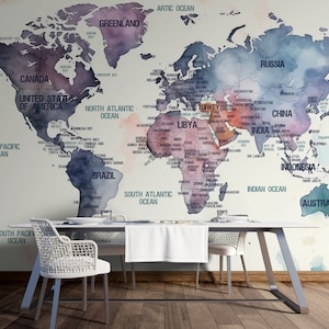Watercolor World Map Wallpaper for Home & Office Wall, Removable Mural ...