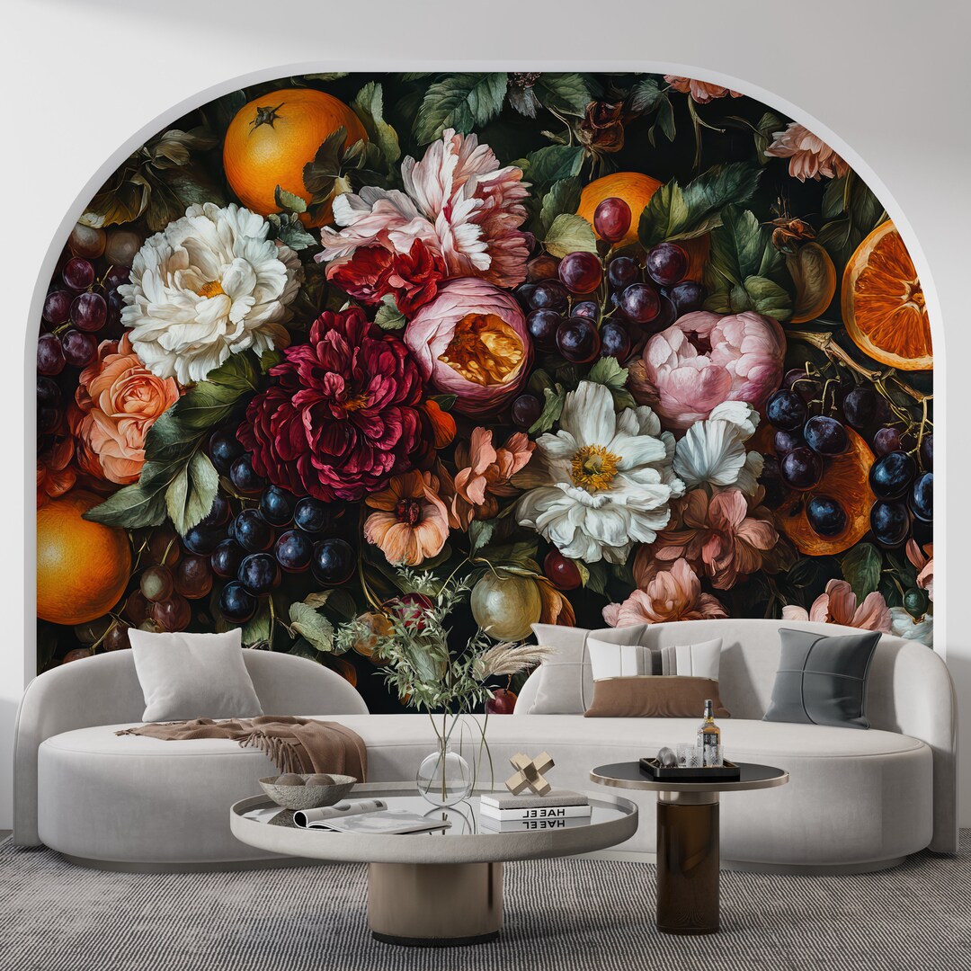 Vintage Botanical Wall Mural, Exotic Fruits and Flowers Wallpaper ...