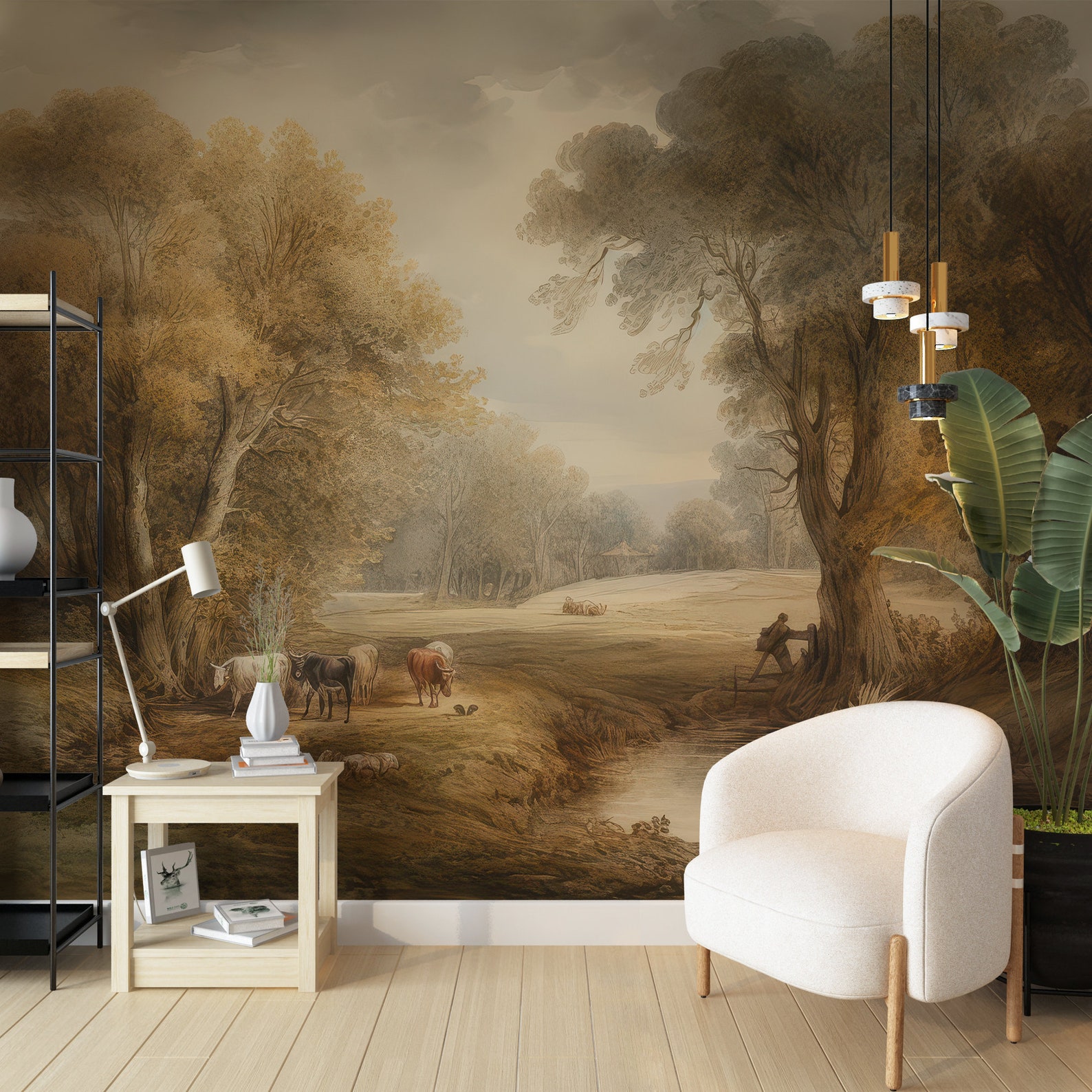 Rustic Rural Painting Wall Mural, Nature Watercolor Landscape Wallpaper ...