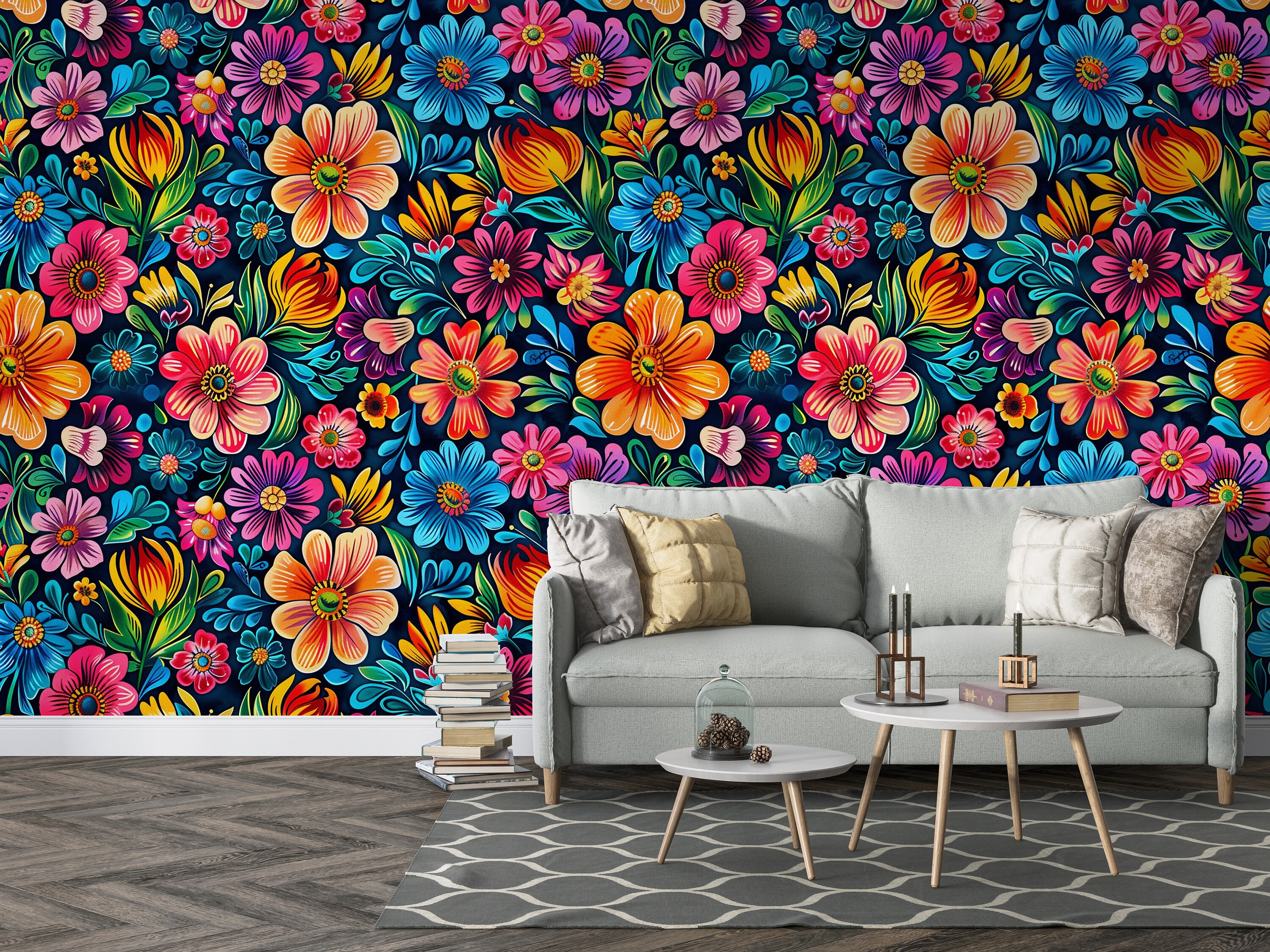 Mexican Folk Art Pattern Wallpaper, Vintage Colorful Abstract Flowers ...