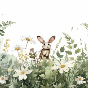 Cute Rabbit and Flowers Watercolor Wallpaper, Nursery and Kids Room ...