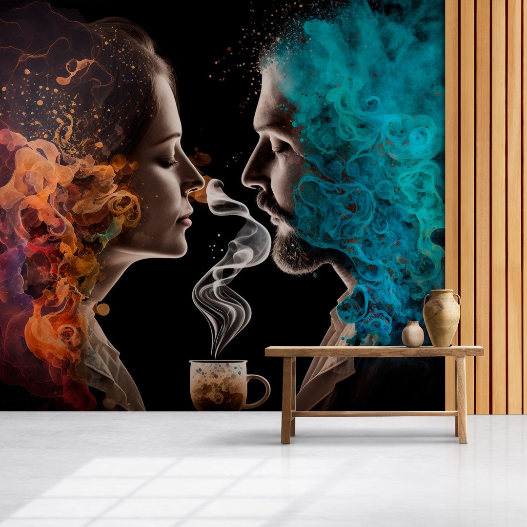 Romantics Couples and Coffee Illustration Wallpaper for Cafe and ...
