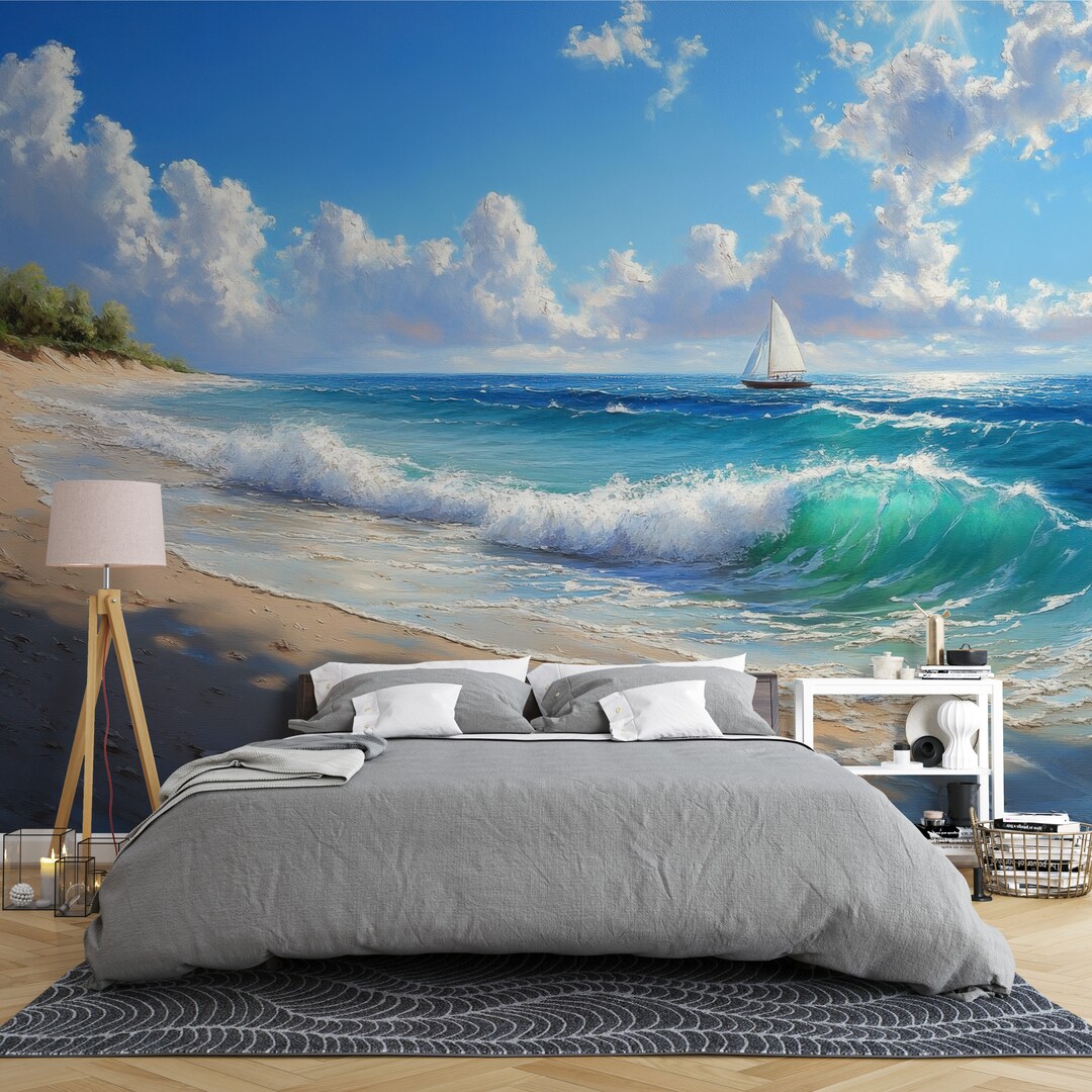 Seascape Scenic Vintage Wallpaper, Sea View Wall Mural, Sea Wave ...