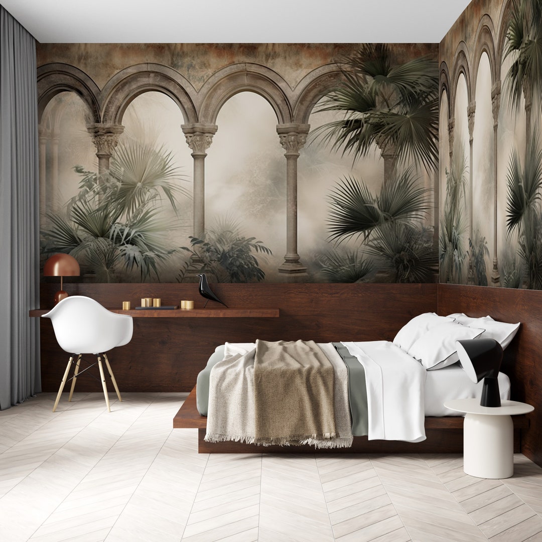 Roman Column Mural Wallpaper, Exotic Plants Wall Art Living Room and ...