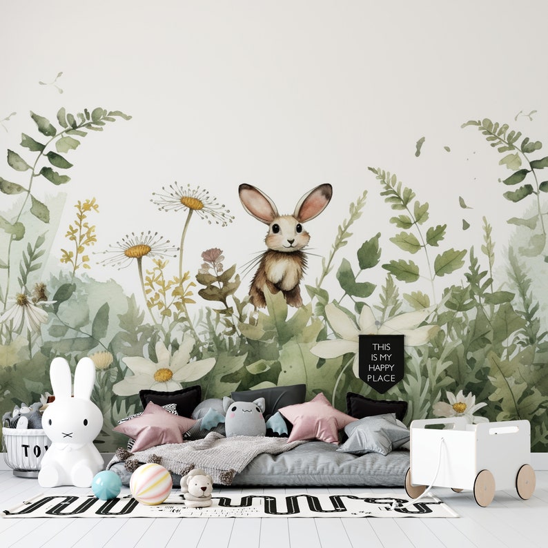 Cute Rabbit and Flowers Watercolor Wallpaper Nursery and Kids - Etsy