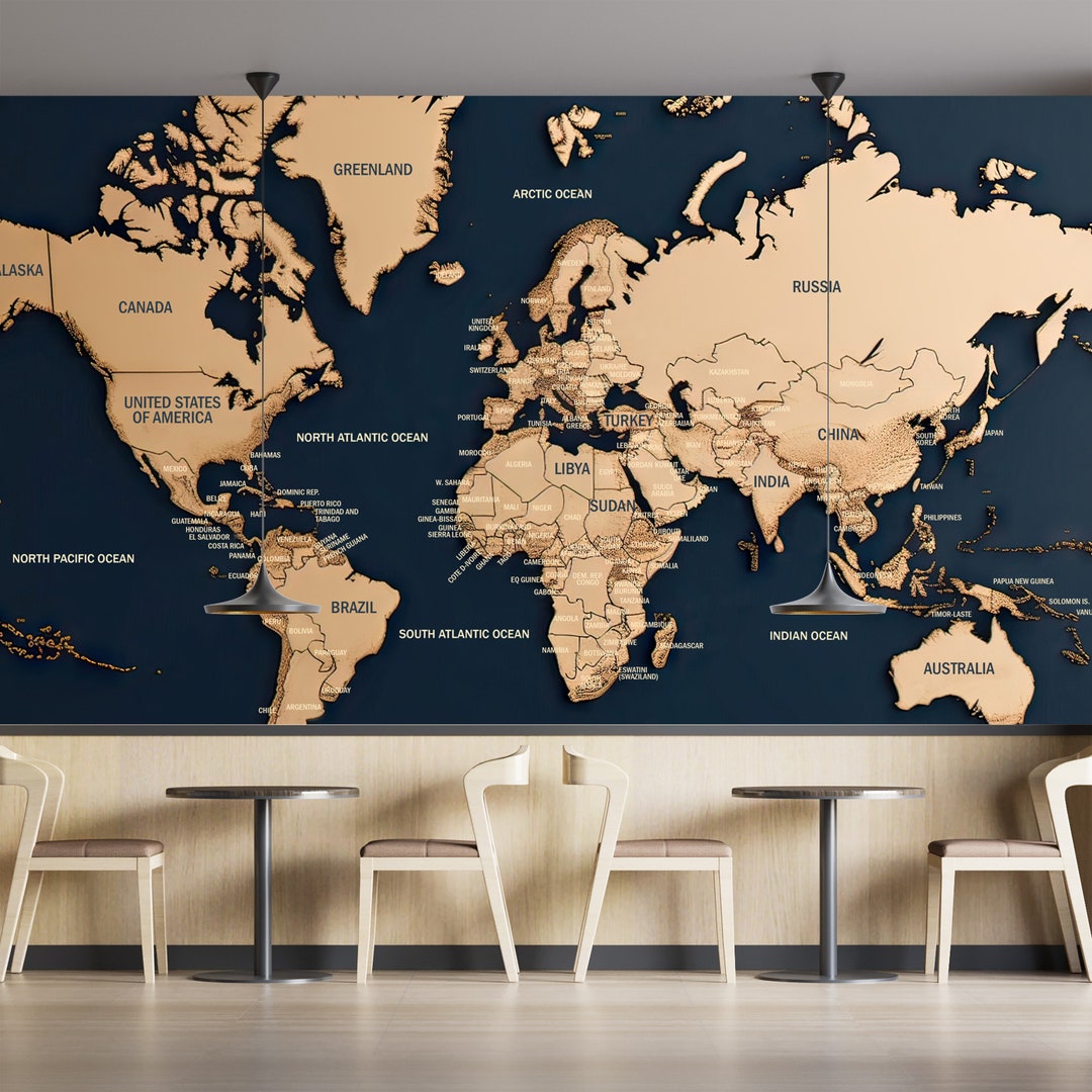 Navy Blue and Beige World Map Wallpaper for Home & Office Wall ...
