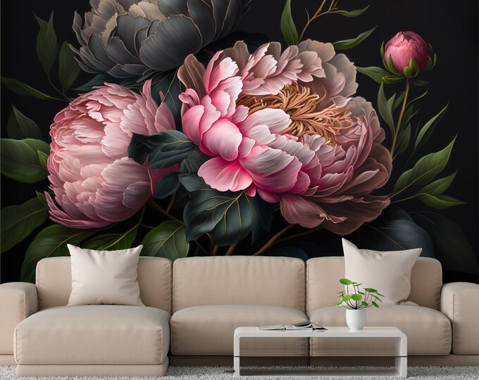 Peony Wall Mural, Dark Peony Wallpaper, Dark Floral Wallpaper Peel and ...