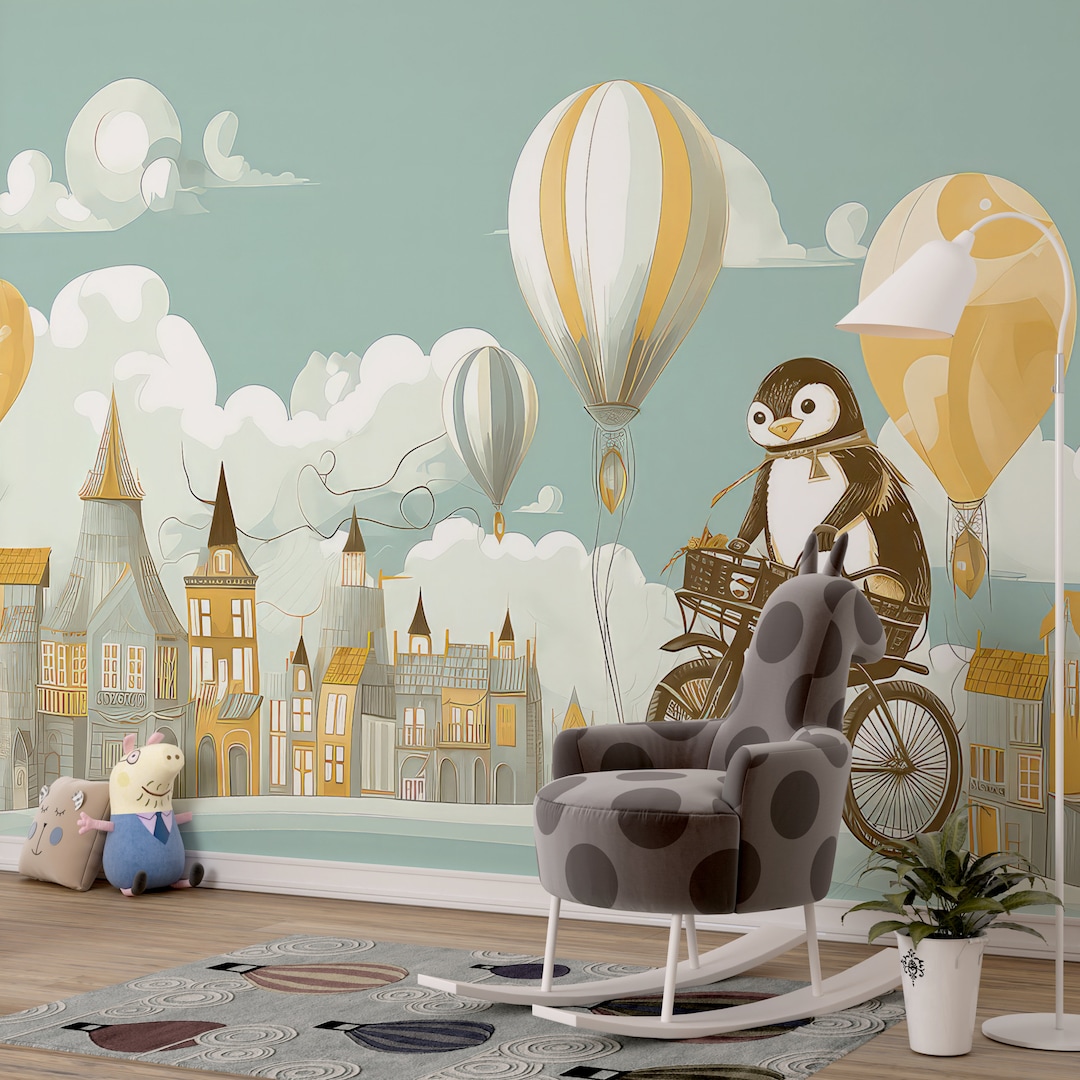 Cycling Penguin Watercolor Nursery Wallpaper, Clouds and Balloons Peel ...