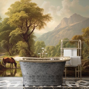Vintage Landscape Wallpaper, Mountain and River Rural Painting Wall ...
