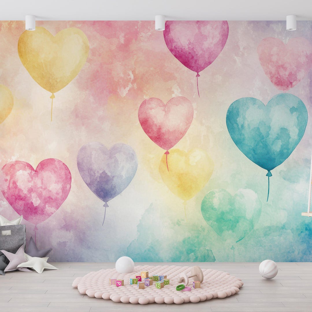 Rainbow Heart Balloon Wallpaper, Pastel Colorful Wall Mural, Watercolor ...
