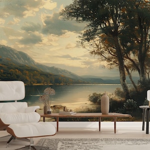 Landscape Scenic Vintage Wallpaper, Mountain and Lake Scenic Wall Mural ...
