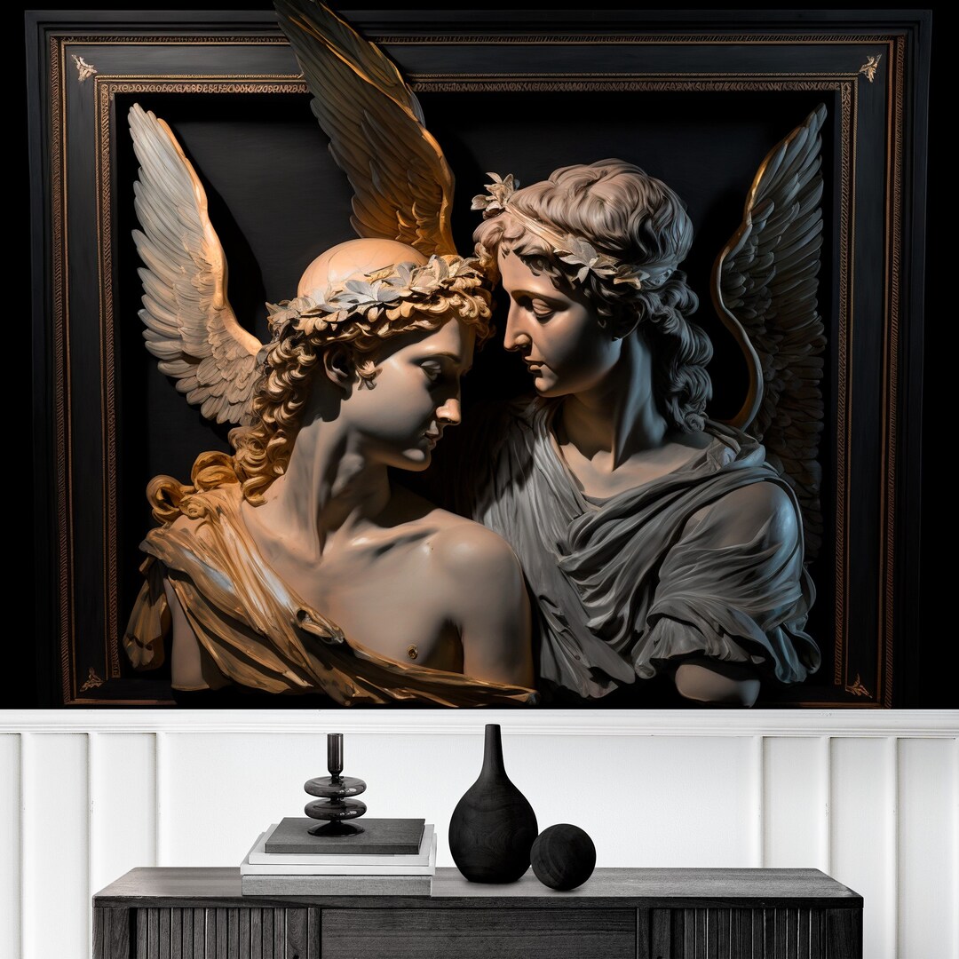 Roman Cupid and Lover Psyche Statue Wallpaper for House and Office Wall ...