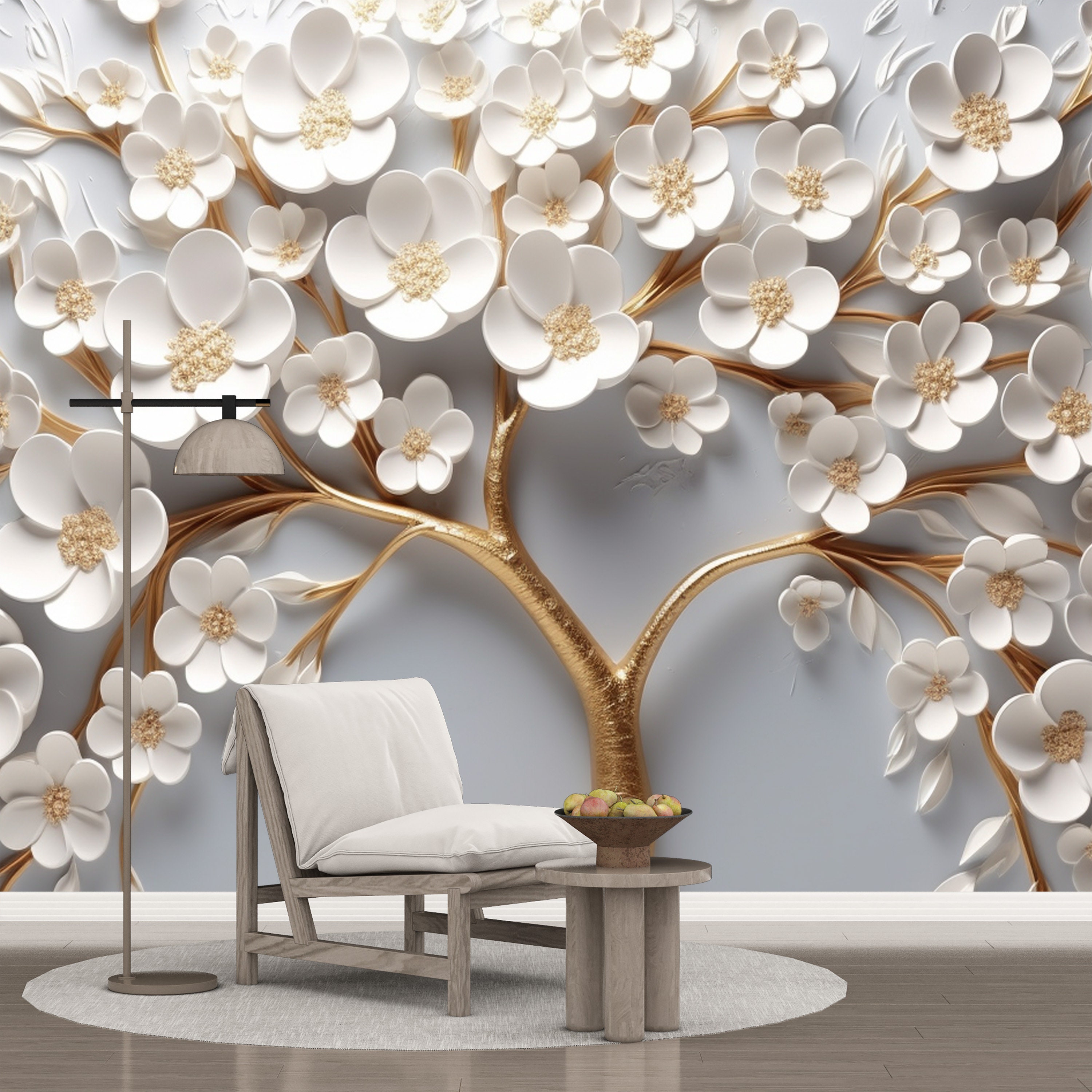 3D White Flowers Tree Wallpaper, Embossed Look Floral Wall Art, 3D ...
