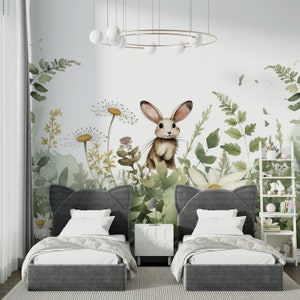 Cute Rabbit and Flowers Watercolor Wallpaper, Nursery and Kids Room ...