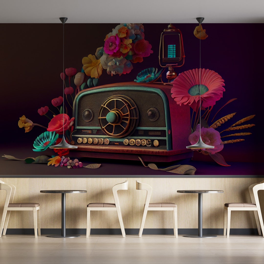 Antique Radio Illustration Wallpaper for Cafe and Restaurant, Modern ...