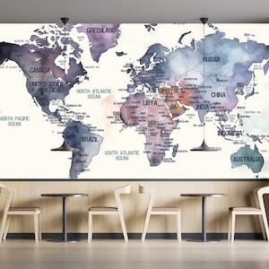 Watercolor World Map Wallpaper for Home & Office Wall, Removable Mural ...