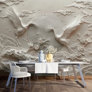 Relief Crane Wallpaper, 3D Embossed Look Wall Mural, Tree and Birds ...