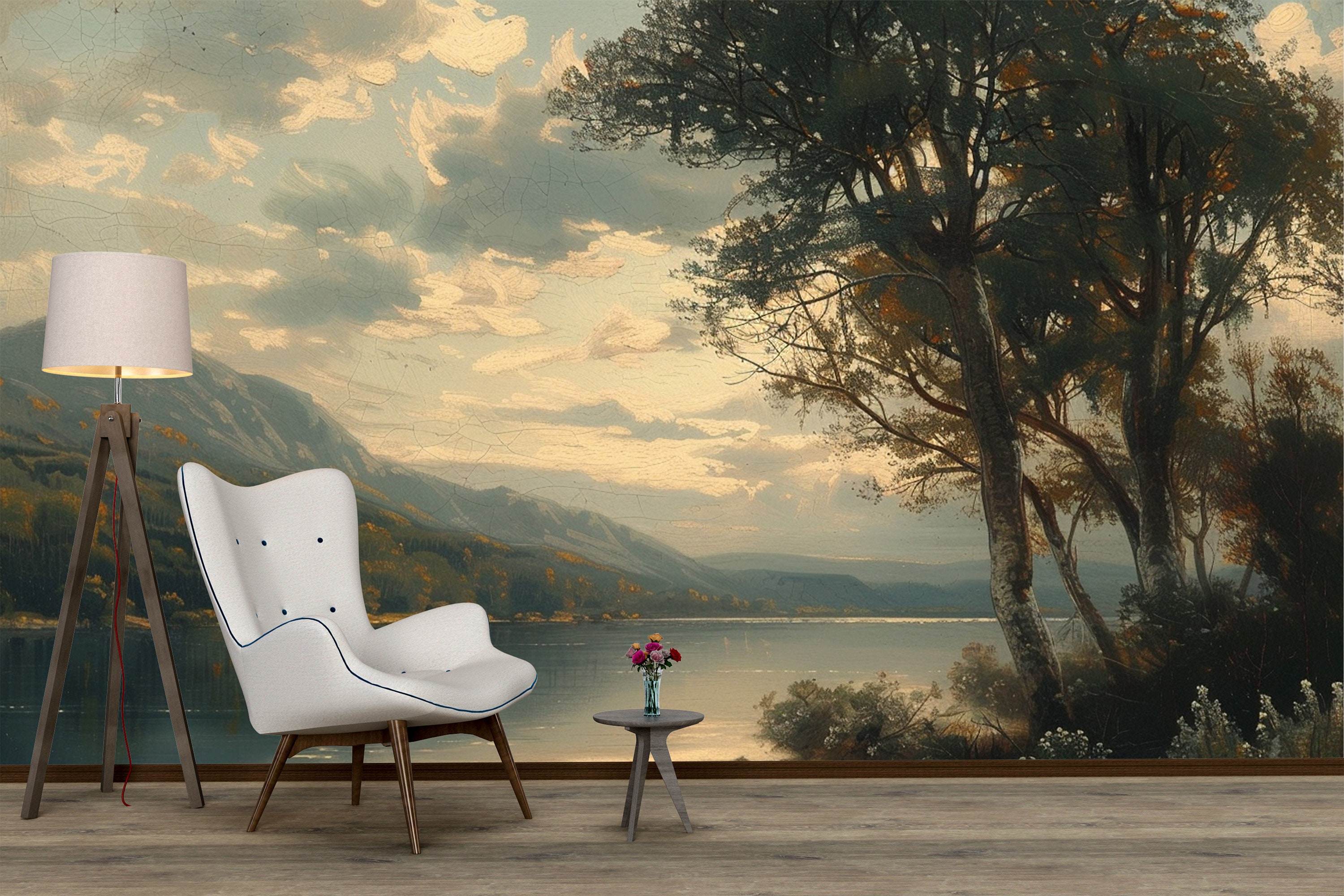 Landscape Scenic Vintage Wallpaper, Mountain and Lake Scenic Wall Mural ...