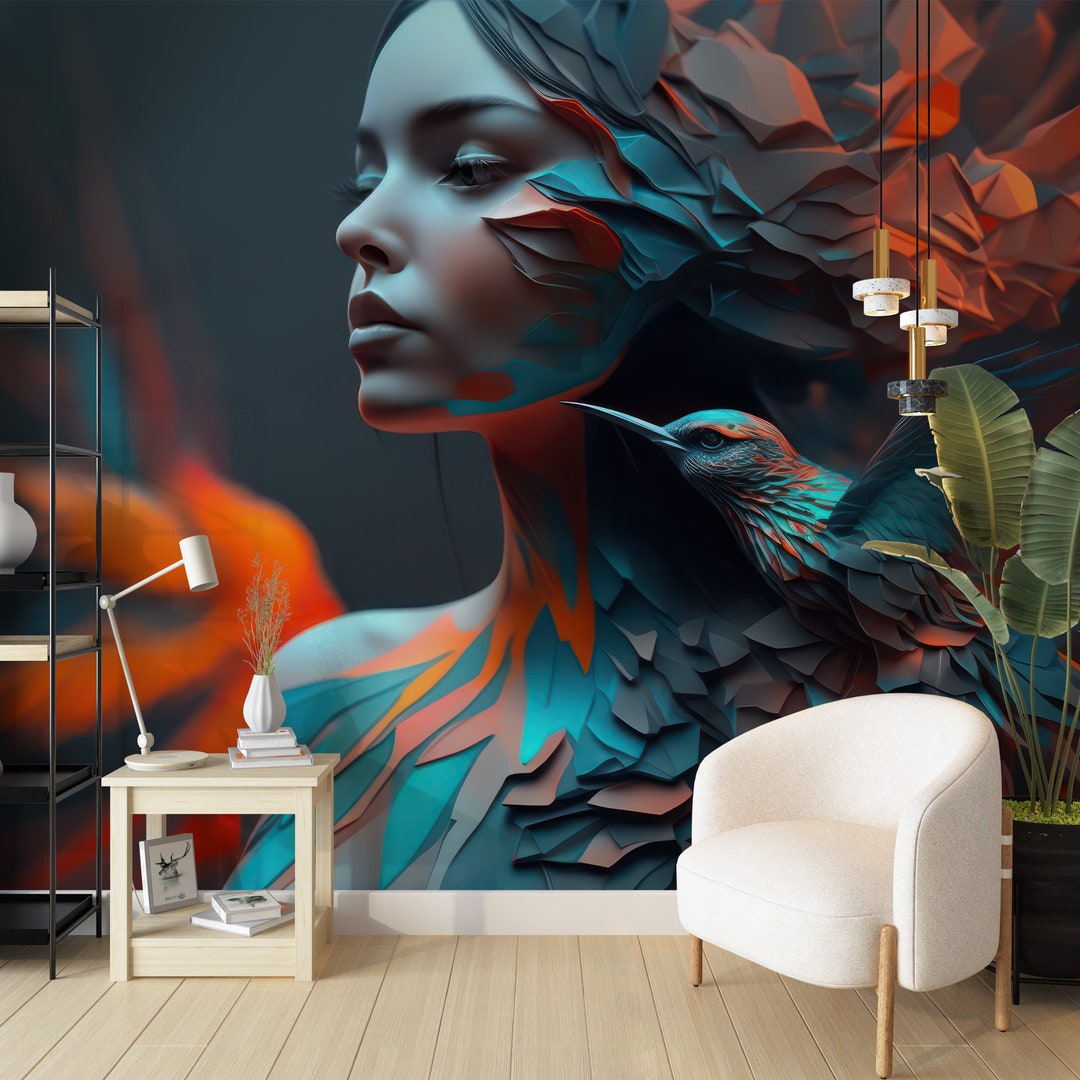 Woman & Bird Wallpaper for Beauty Center, Make-up Studio Wallpaper, Spa ...