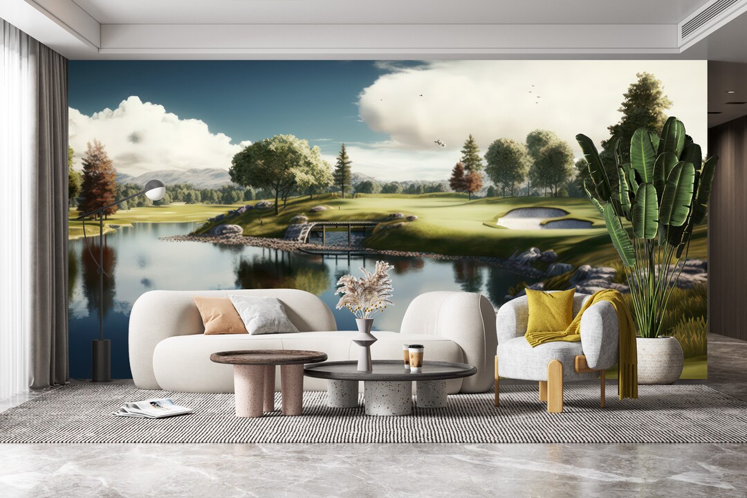 Golf Course Landscape Wallpaper, Beautiful View of Lake Wall Mural Art ...