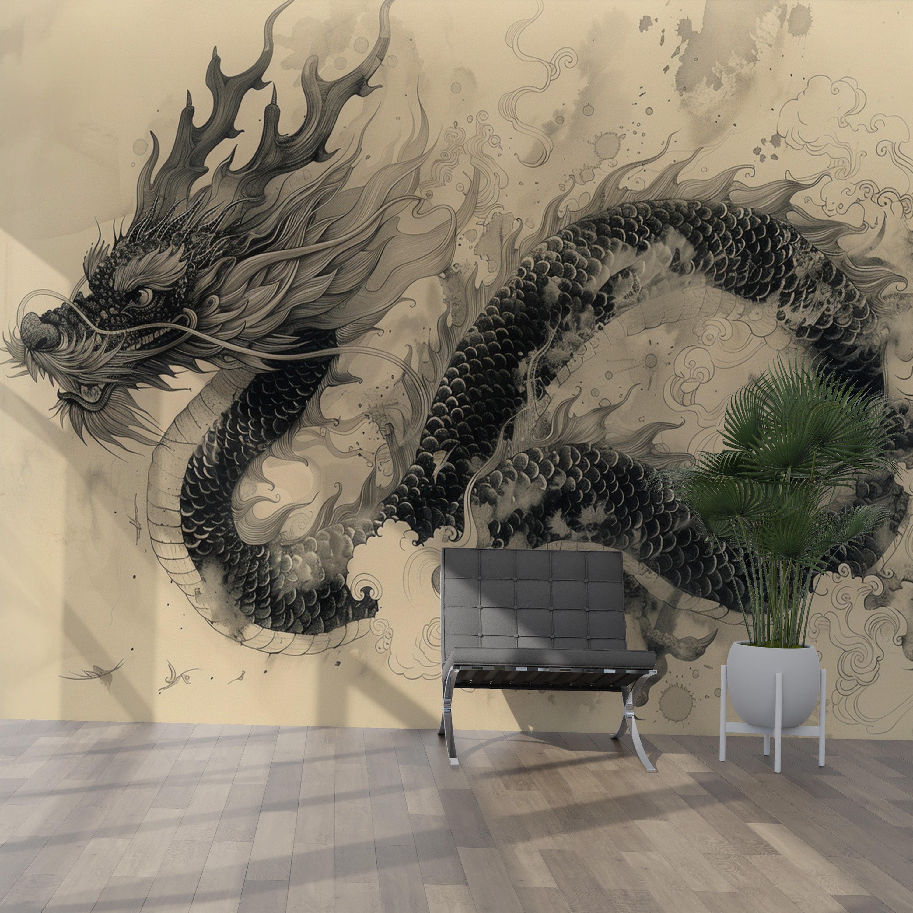Chinese Dragon Wallpaper, Line Art Wall Mural, Peel and Stick Textile ...