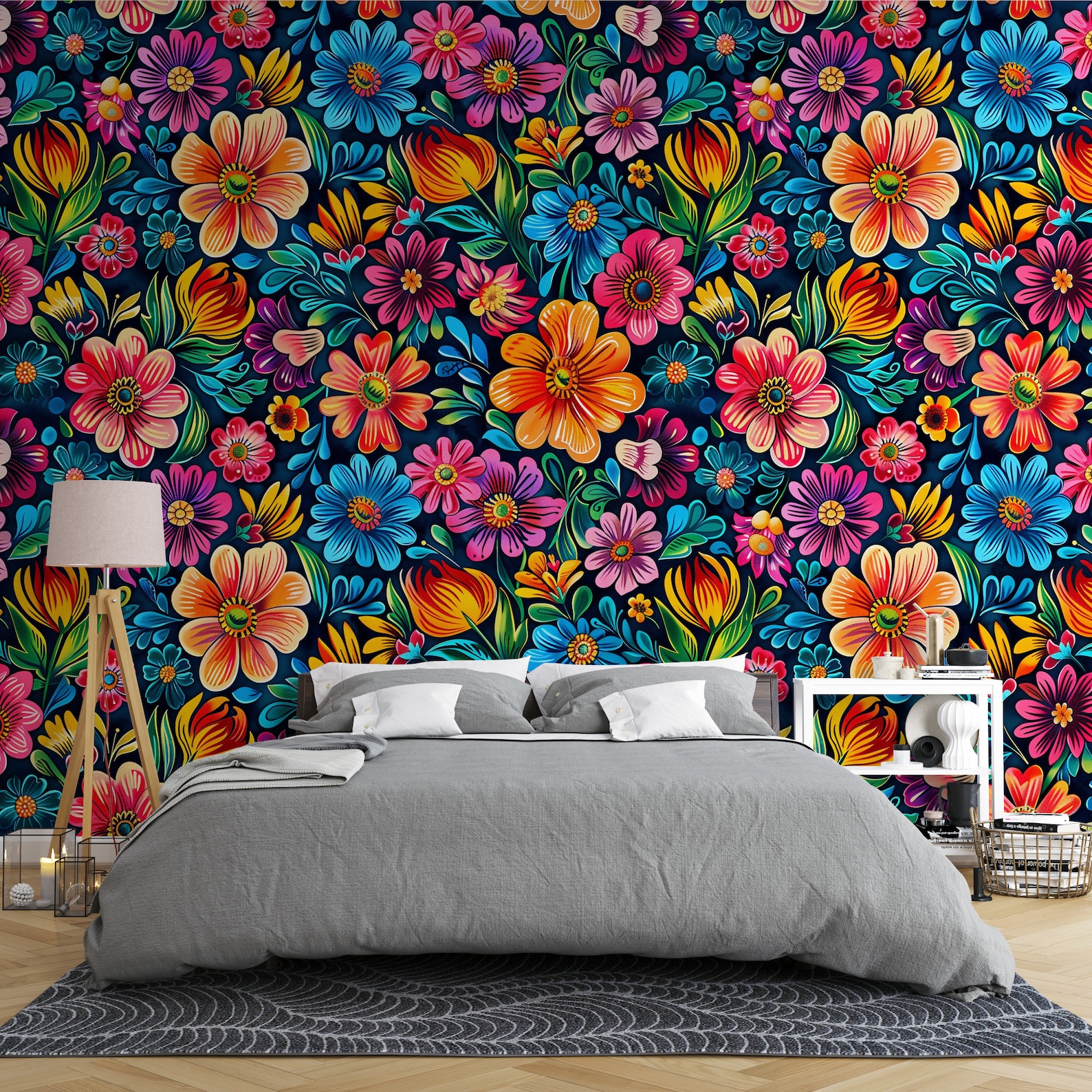 Mexican Folk Art Pattern Wallpaper, Vintage Colorful Abstract Flowers ...