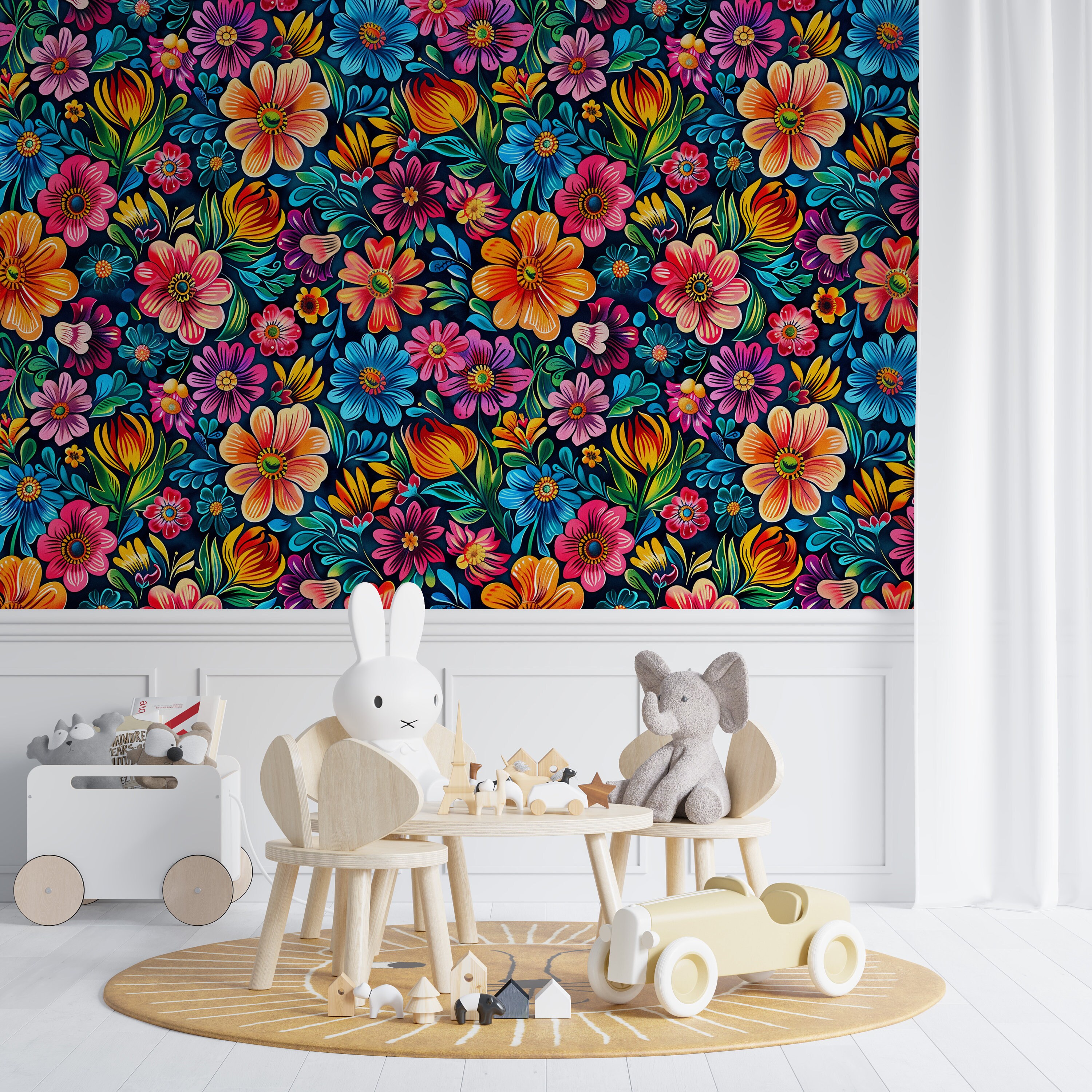Mexican Folk Art Pattern Wallpaper, Vintage Colorful Abstract Flowers ...