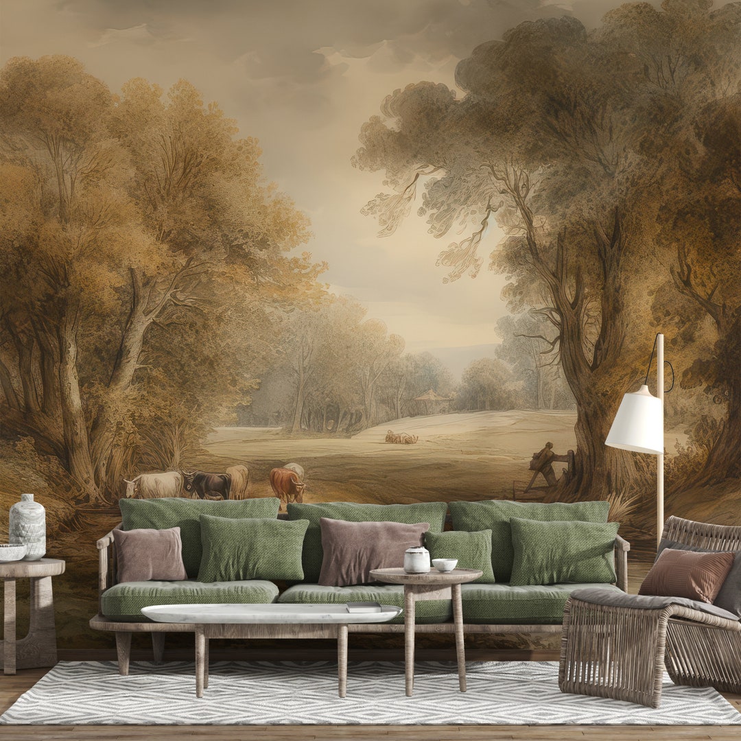 Rustic Rural Painting Wall Mural, Nature Watercolor Landscape Wallpaper ...