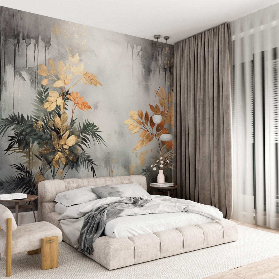 Gilded Leaves Wallpaper, Elegant Living Room and Bedroom Mural Decor ...