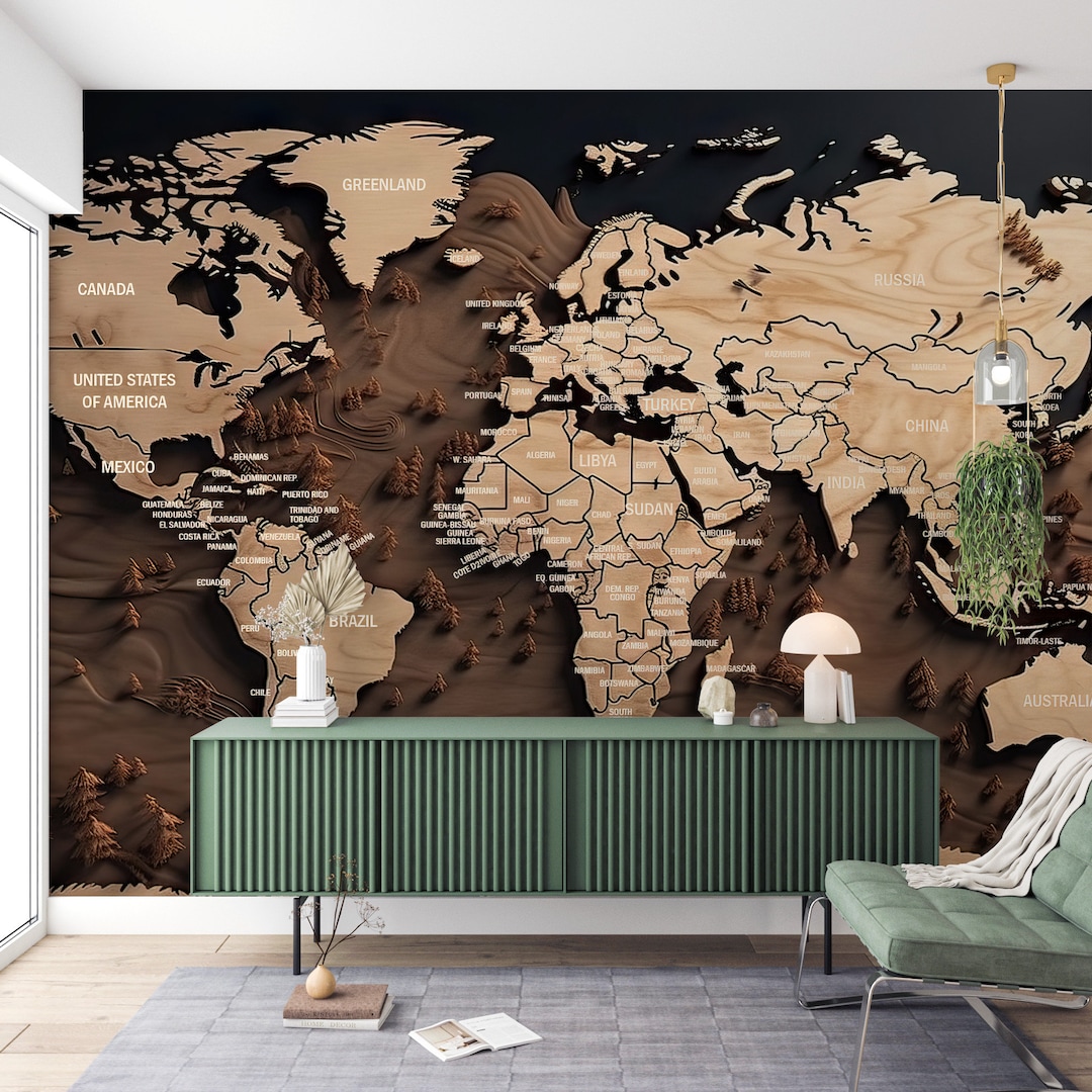 3D Wooden World Map Wallpaper, Countries Removable Home & Office Mural ...