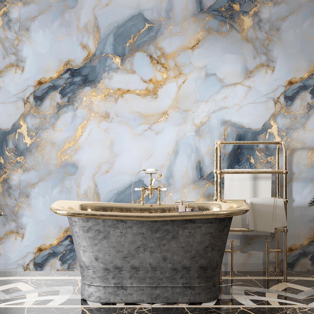 Gray, Blue and Gold Vein Details Wallpaper, Marble and Natural Stone ...