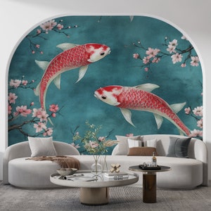 Koi Fish Wallpaper, Chinese Style Koi Fish Mural Art, Asian Wallpaper ...