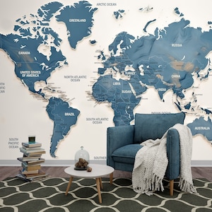 3D Blue World Map Wallpaper / Countries and Oceans Removable Home ...