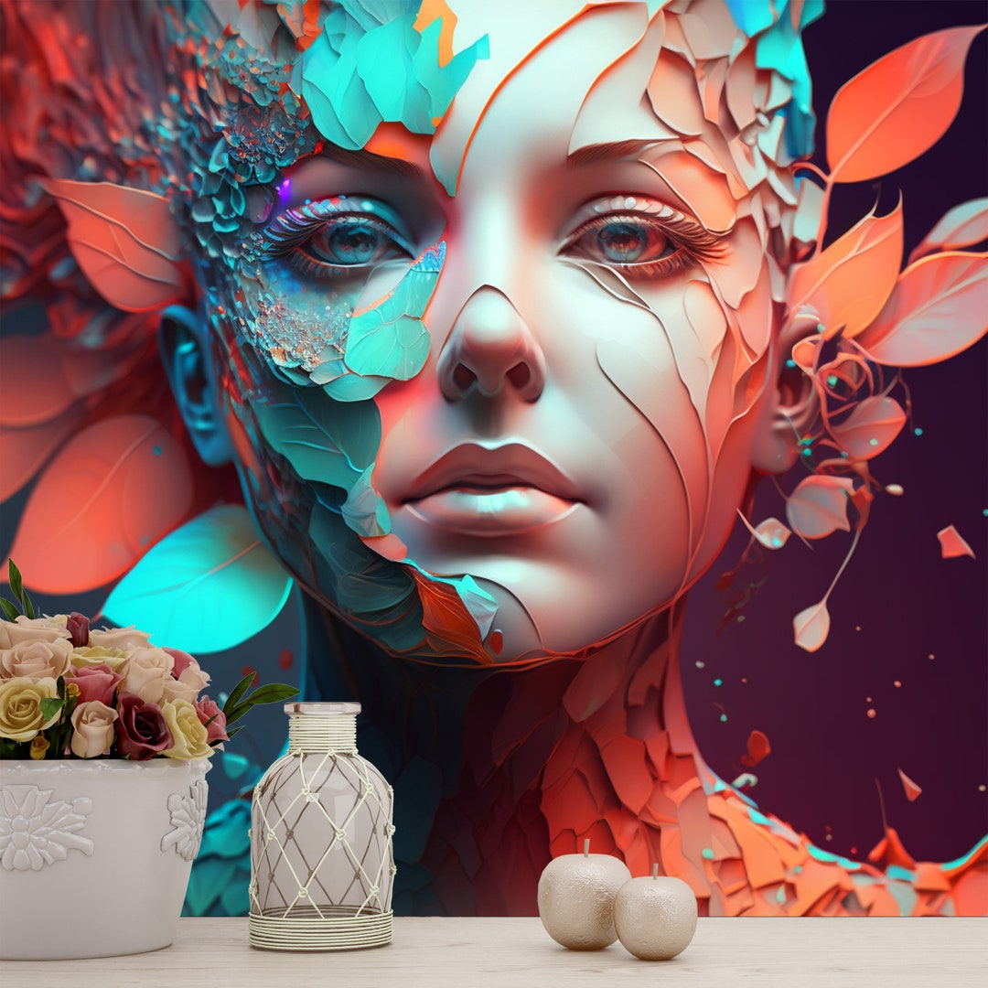 Woman Portrait 3D Wallpaper Mural, Colorful Leafs for Hair Salon Face ...