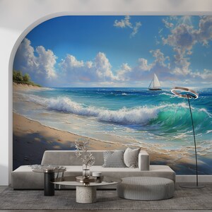Scenic Seascape Wallpaper, Sea View Vintage Wall Mural, Sea Wave ...