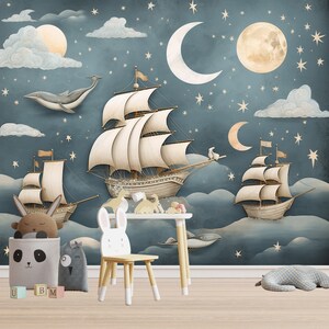 Nursery & Kids Wallpaper | Ships in the Ocean, Stars, Sun and Cute ...