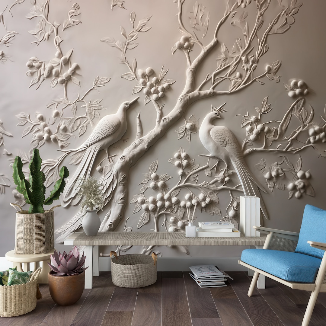 Tree and Birds Relief Wallpaper, Living Room and Bedroom Mural Decor ...