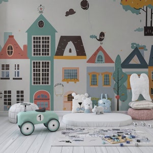 Watercolor Buildings Adhesive Wallpaper for Kids Room Watercolor ...