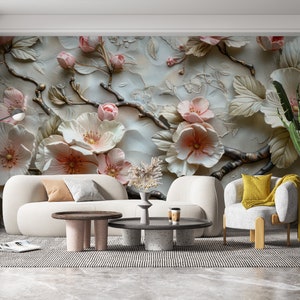 3D Embossed Pink Flowers Wallpaper, White Flowers 3D Relief Wallpaper ...