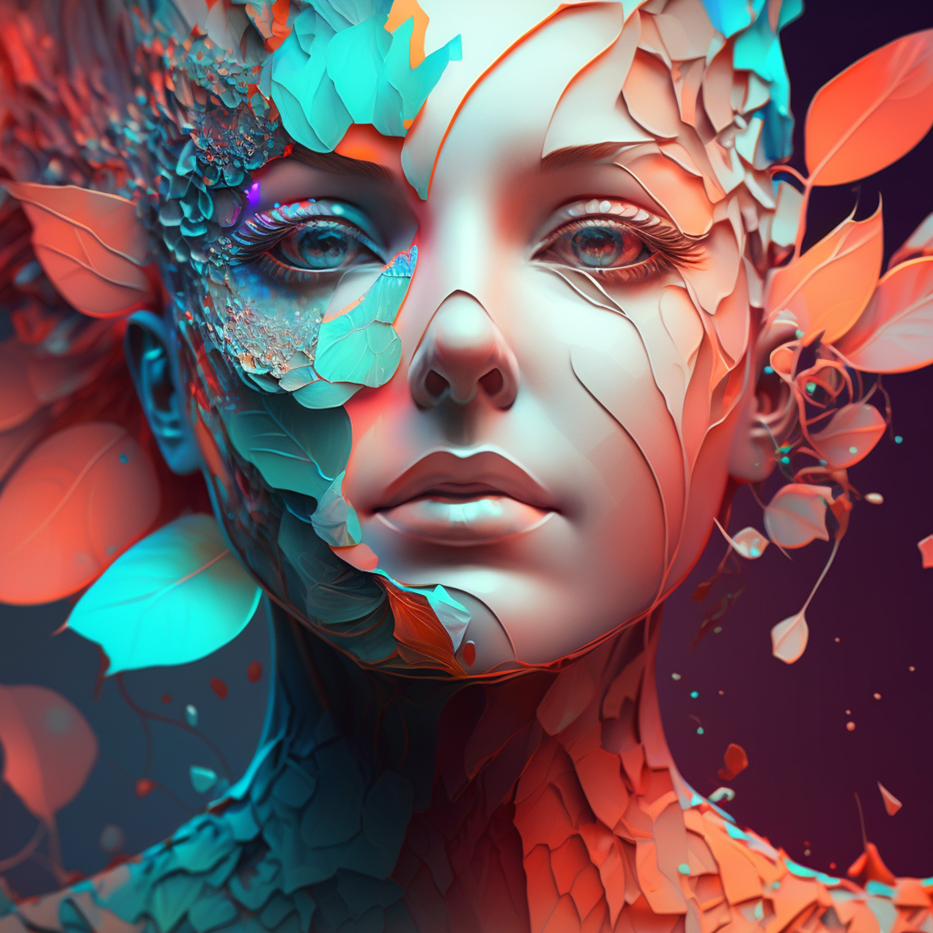 Woman Portrait 3D Wallpaper Mural Colorful Leafs for Hair - Etsy