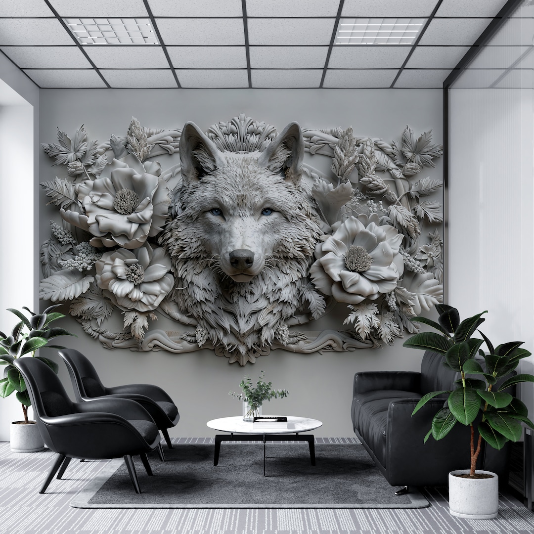 Relief 3D Wolf Wallpaper, Realistic Embossed Look Mural Art Wallpaper ...