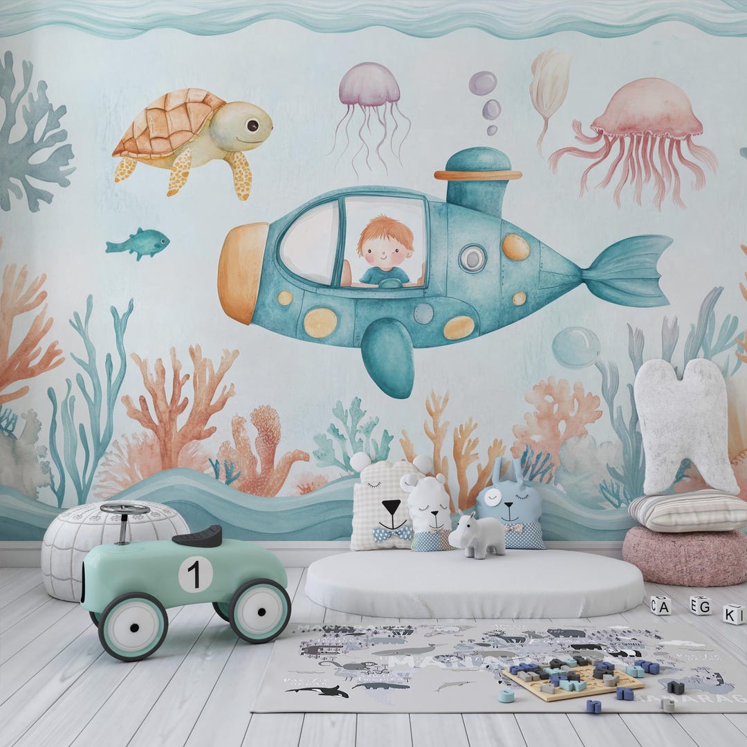 A Boy on Submarine Wallpaper, Sealife Octopus and Sea Turtle Wall Mural ...