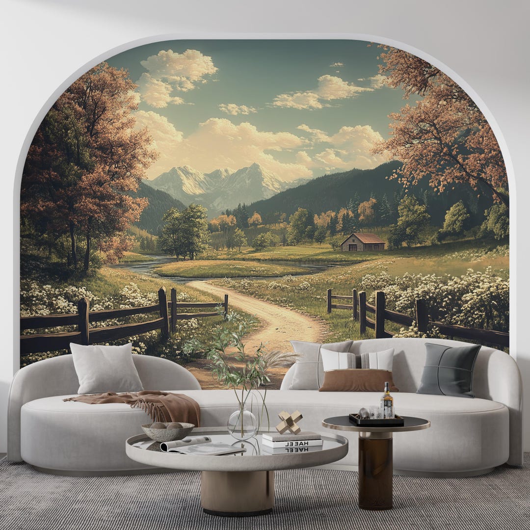 Pastoral Landscape Wallpaper, Rustic Countryside Wall Mural, Autumn ...
