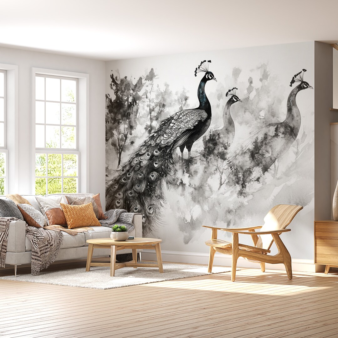 Black and White Peacock Wallpaper, Birds Wall Art, Peacock Wall Mural ...