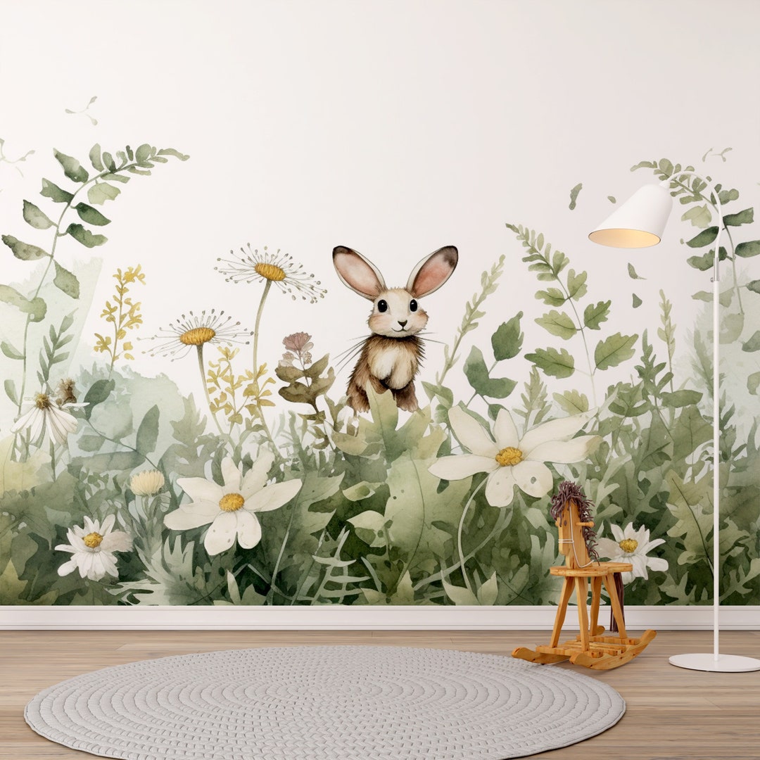 Cute Rabbit and Flowers Watercolor Wallpaper, Nursery and Kids Room ...