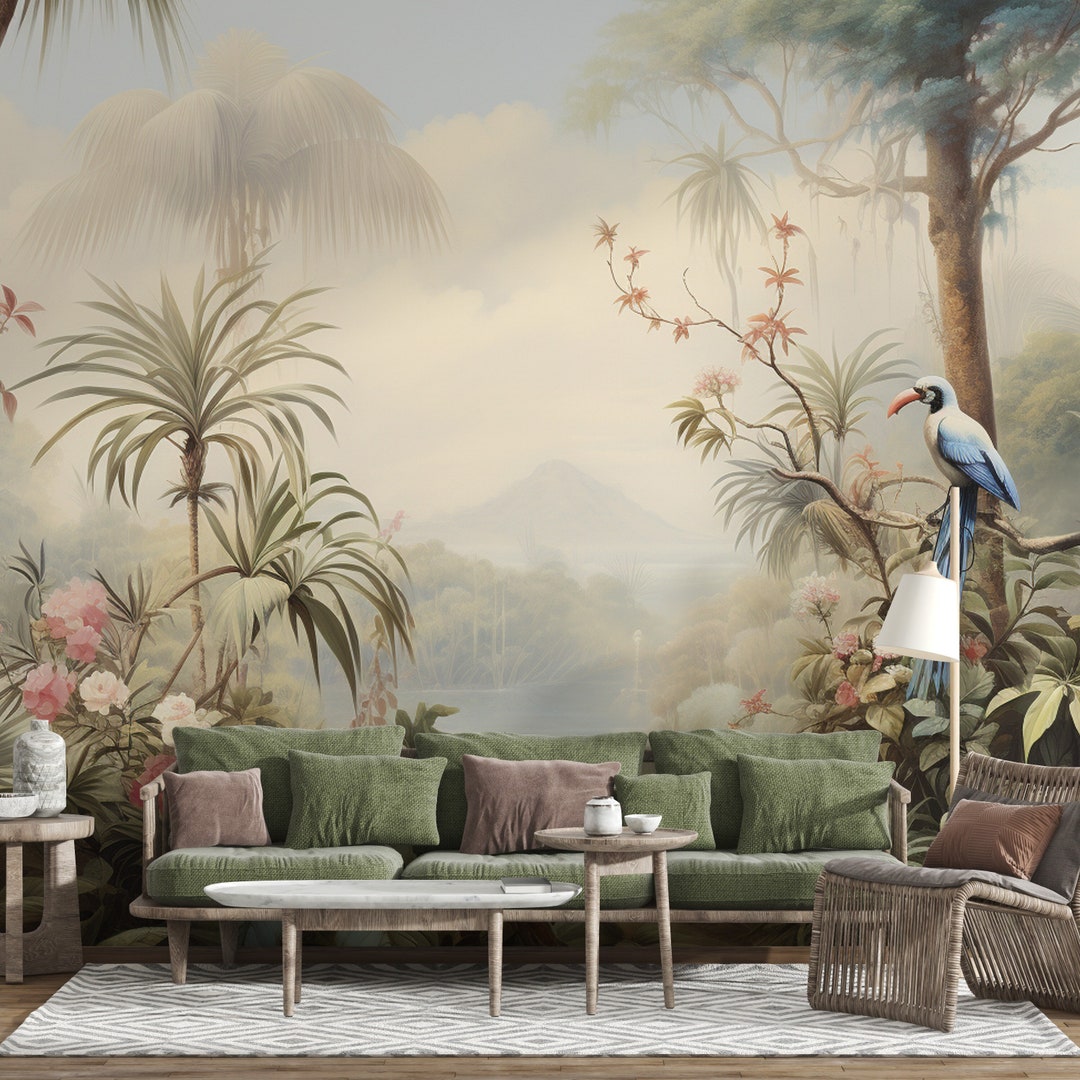 Tropical Jungle Landscape Wallpaper, Bird and Palm Trees Mural Decor ...