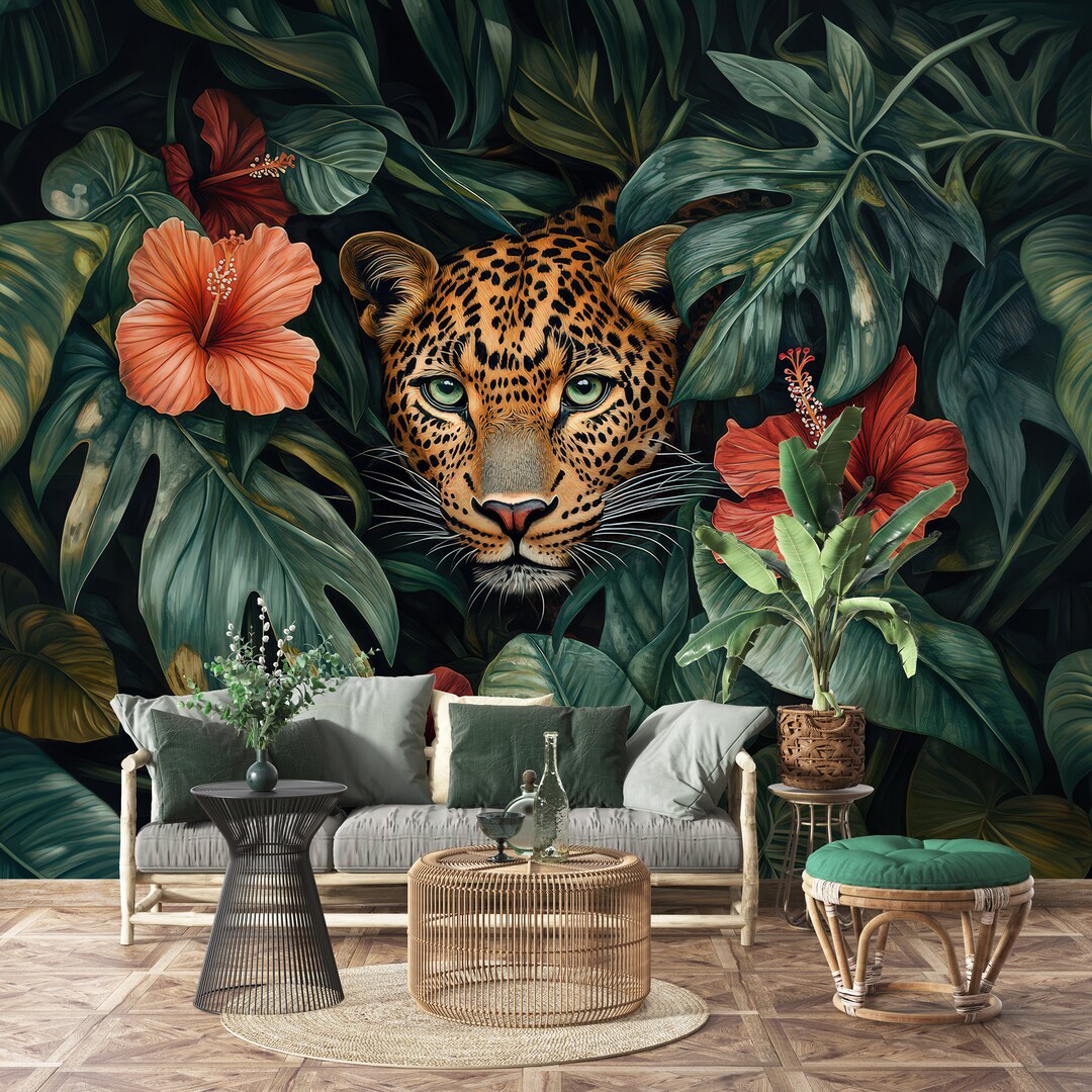 A Leopard in the Forest Wallpaper, Botanical and Exotic Wall Decor ...