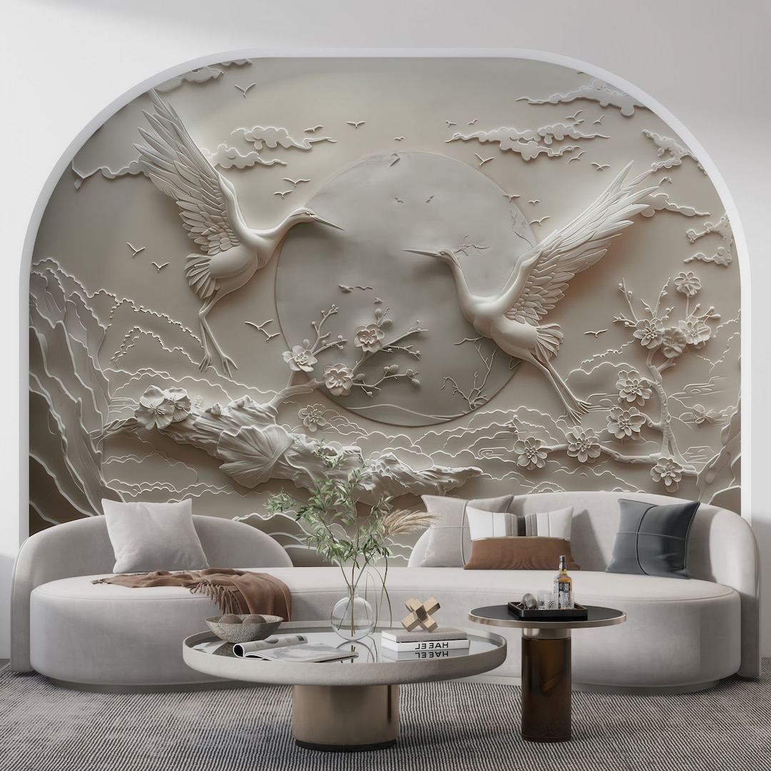 Relief Crane Wallpaper, 3D Embossed Look Wall Mural, Tree and Birds Embossed Wallpaper, White ...