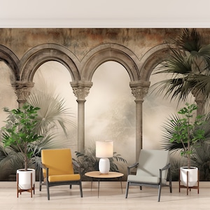 Roman Column Mural Wallpaper, Exotic Plants Wall Art Living Room and ...