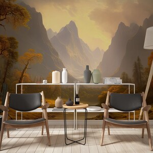 Mountain and River Landscape Wallpaper, Vintage Rural Painting Wall ...